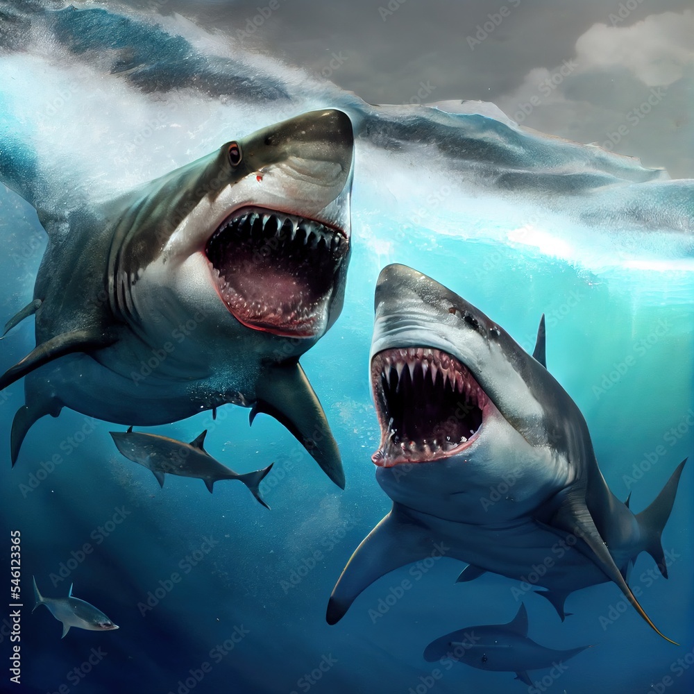 The battle of the two big menacing sharks in the ocean. The Bloody ...