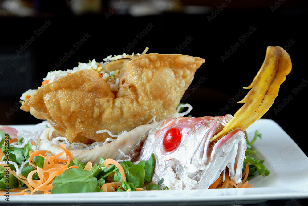 fish with salad, rice and cherry, red snapper or fresh red snapper ...
