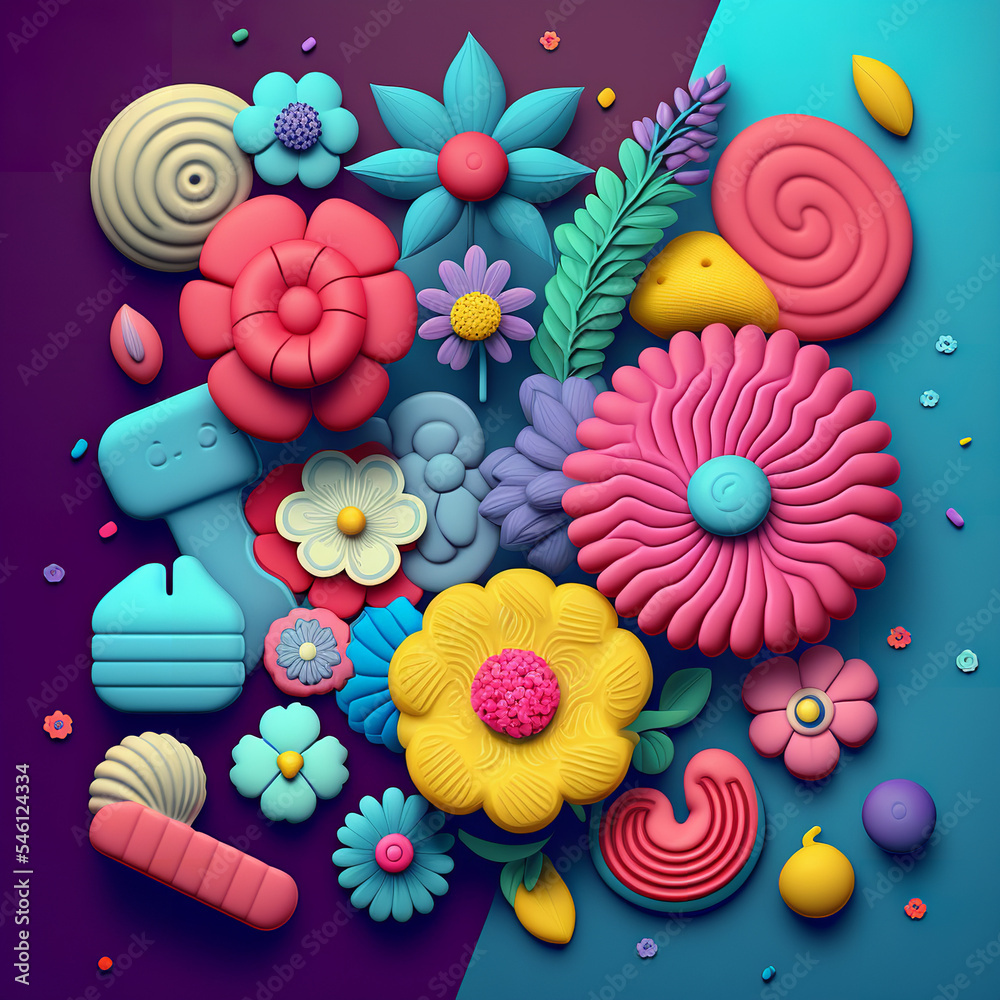 knolling illustration of flowers squishy puffy rubber plastic texture ...