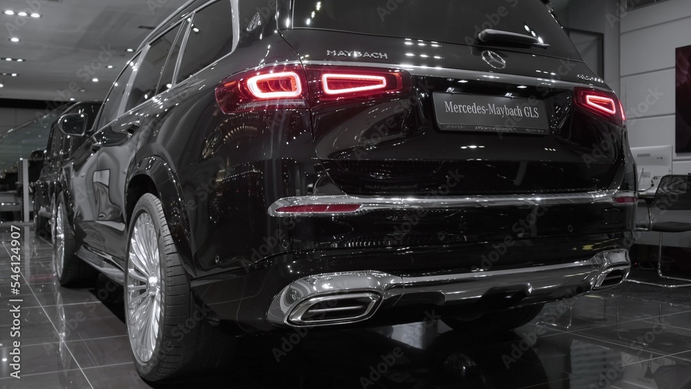 Cinematic close up view of rear of new Mercedes Mabach GLS 600. Bumper ...