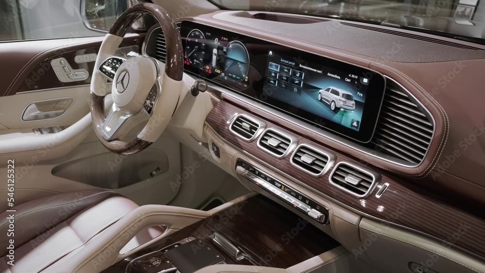 Cinematic panoramic view on multifunctional steering wheel and ...