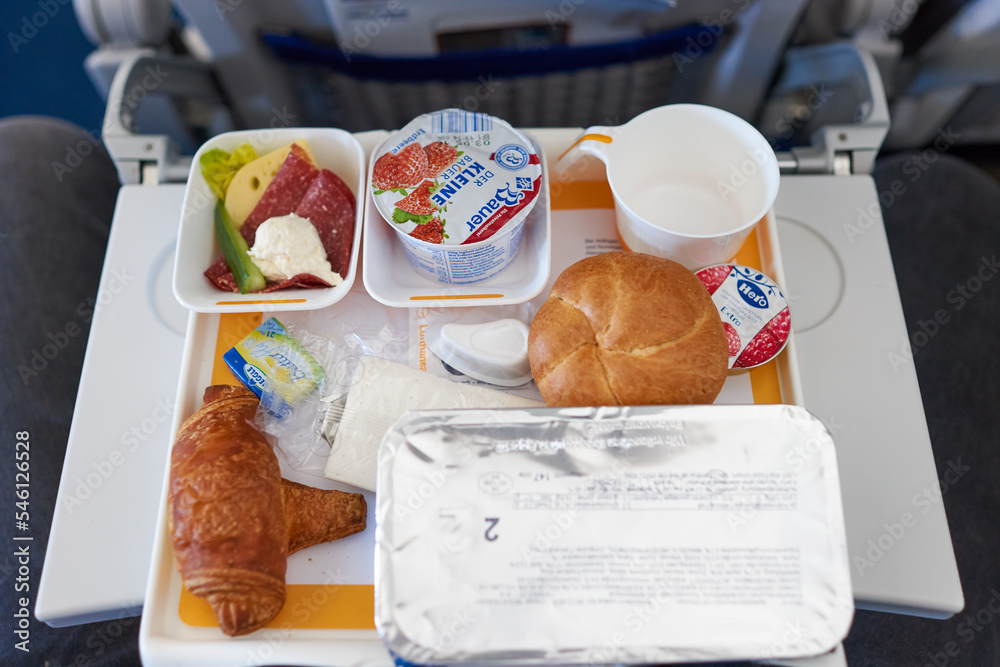 FRANKFURT, GERMANY - APRIL 07, 2016: meal at Lufthansa Airbus A320 ...