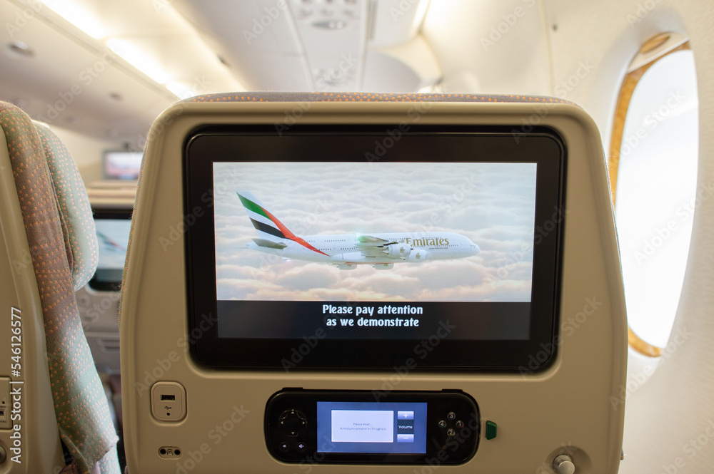 BANGKOK, THAILAND - SEPTEMBER 09, 2015: inside of Emirates Airbus A380 ...