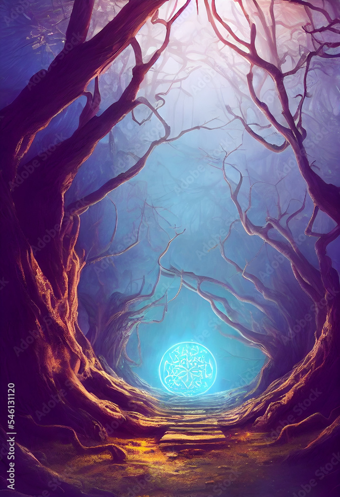 Digital Oil Painting. Magical Wooded Pathway to a Mystical Glowing Rune ...
