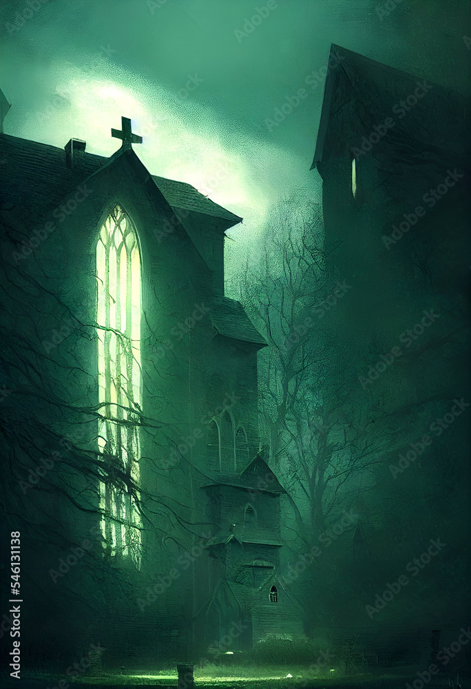 Digital Oil Painting. Terrifying Glowing Gothic Church. Unholy Cursed ...