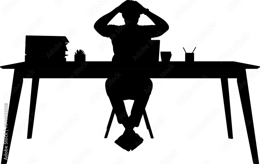 Silhouette of shocked black man sitting at the desk with laptop ...