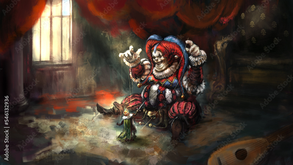A fat jester in bright clothes has caught the little king and treats ...
