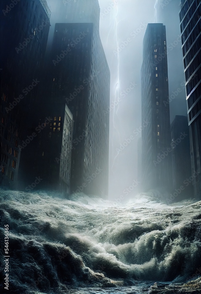A giant tsunami and flooding. Flooding in a city with modern ...