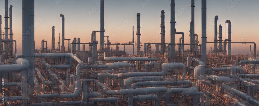 Large industrial gas pipelines in a modern refinery at sunrise 3d ...