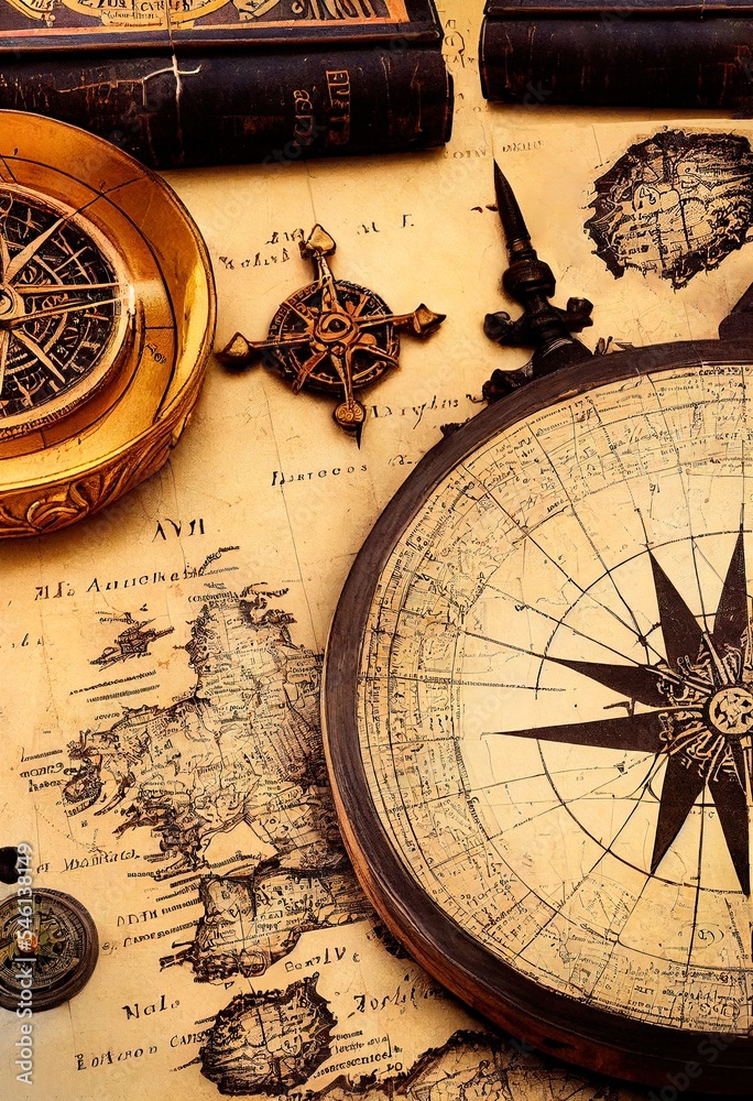 An ancient pirate map in the cabin of a pirate ship. Image of an ...