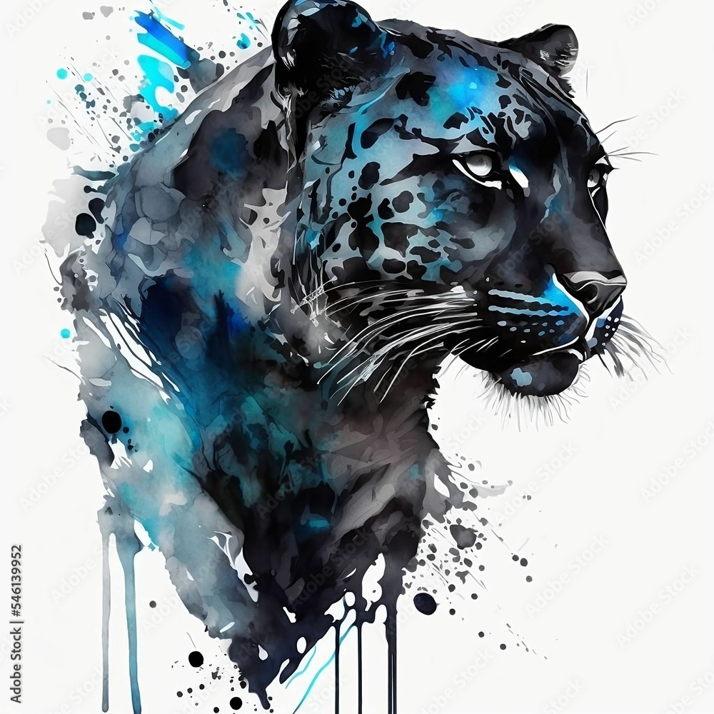 Watercolor Blue and Black Panther with Splatters and Dripping Paint ...