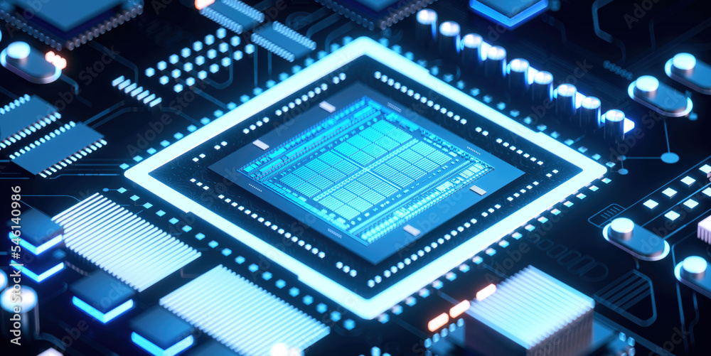3D rendering of Circuit board. CPU and GPU chiplet. Stock Illustration ...