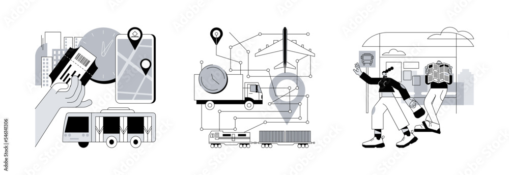 Urban transportation abstract concept vector illustration set. Public ...