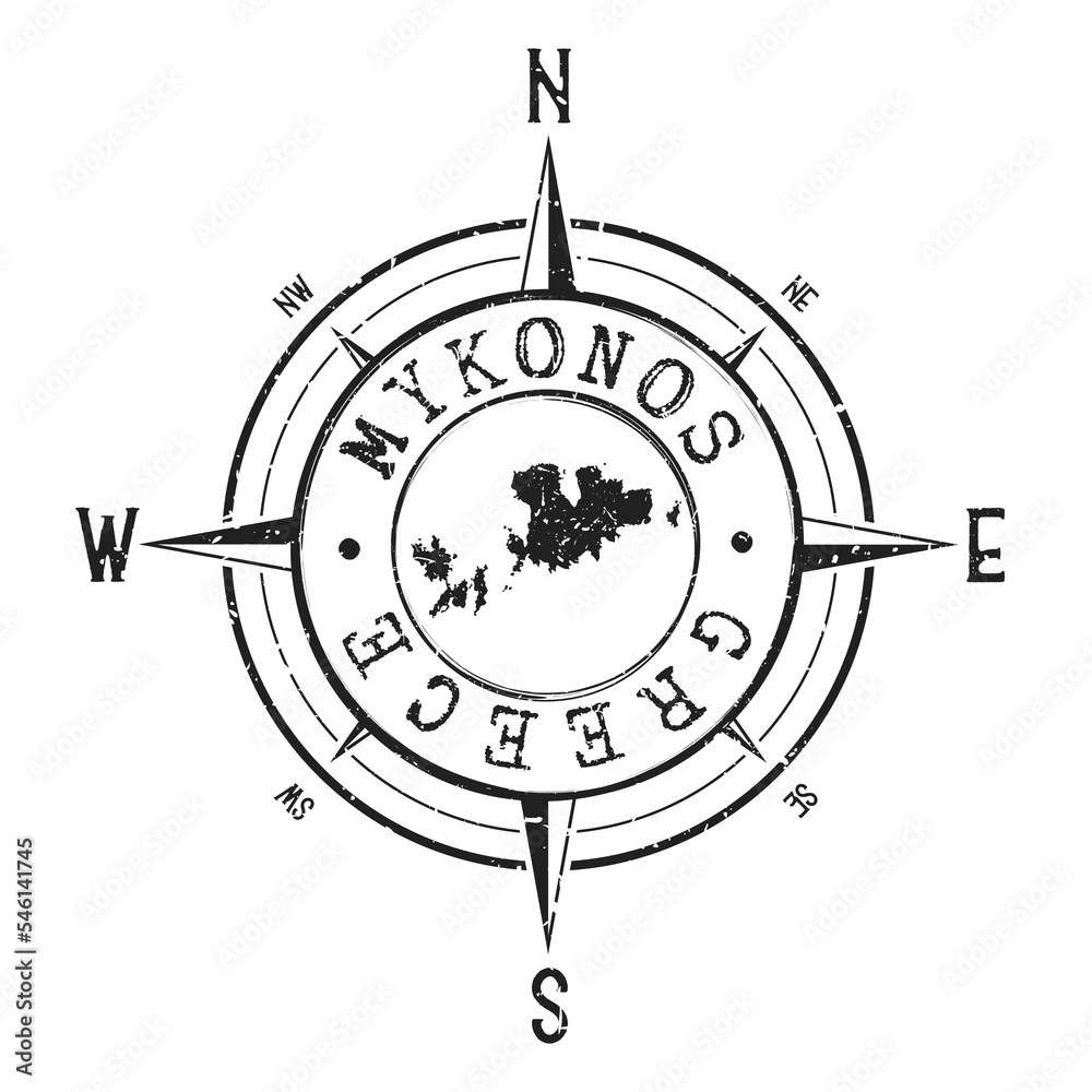Mykonos, Mikonos, Greece Stamp Map Compass Adventure. Illustration ...