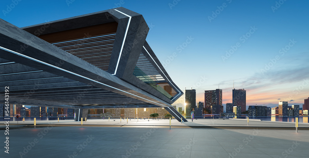 Perspective view of empty concrete floor and modern rooftop building ...