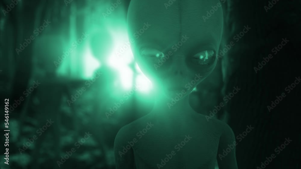 Chilling 3D CGI close-up of classic Roswell style grey aliens standing ...