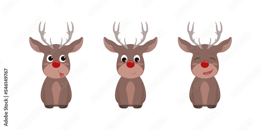 Uroczy renifer na białym tle. Trzy postacie z różnymi minami, różnymi ...