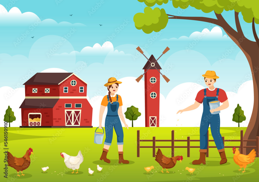 Poultry Farming with Farmer, Cage, Chicken and Egg Farm on Green Field ...