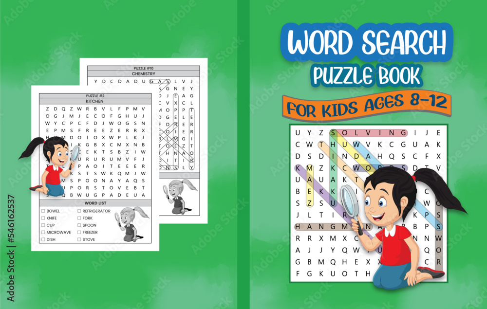 Word search puzzle book cover for kids ages 8-12 Stock Vector | Adobe Stock