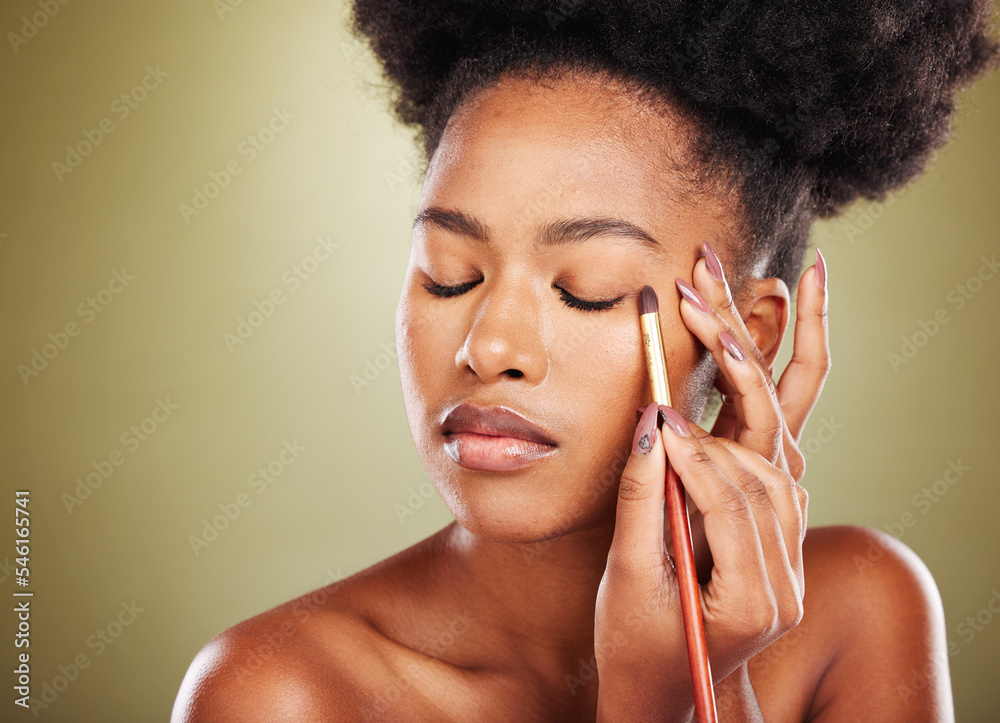 Eyeshadow, black woman and makeup brush for beauty, eyeliner product ...