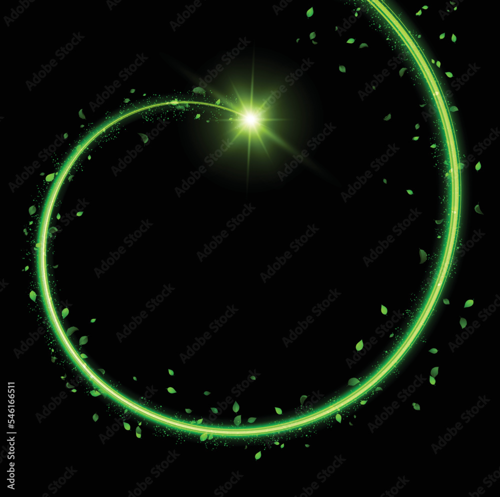 Green spiral spring wind effect with magic dust particles flying around ...