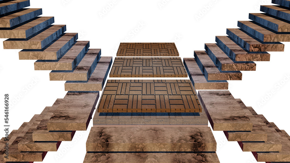 Stairway leading to stone slabs. Stairs leading to stone platform. 3d ...