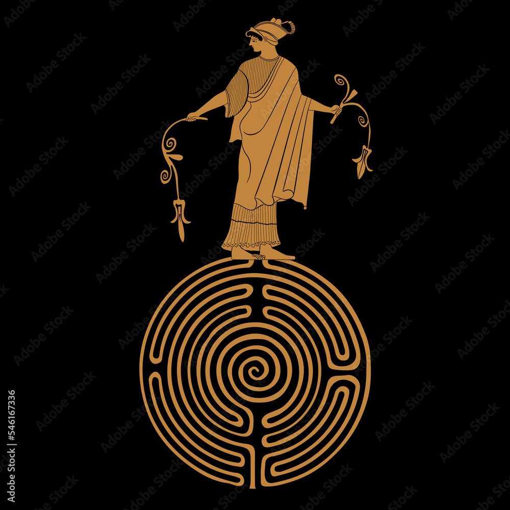 Ancient Greek woman holding flower branches on top of a round spiral ...