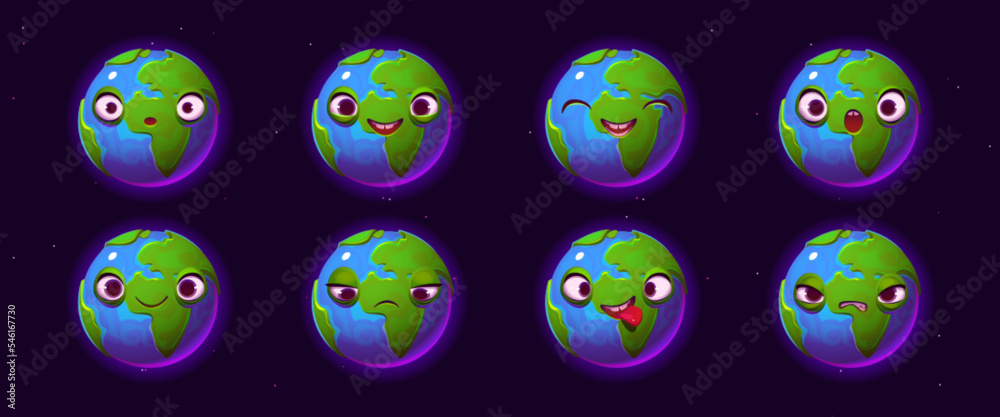 Cute Earth character, funny planet with different emotions. Emoji icons ...