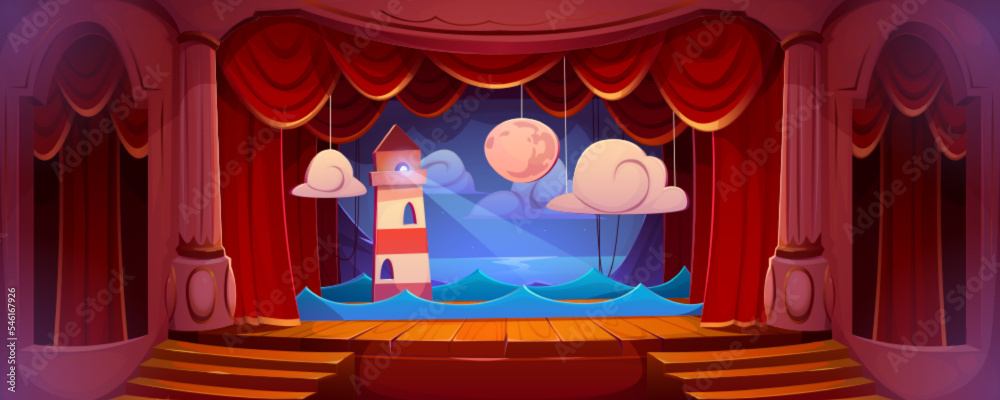 Theater stage with red curtains and decoration beacon, sea waves and ...