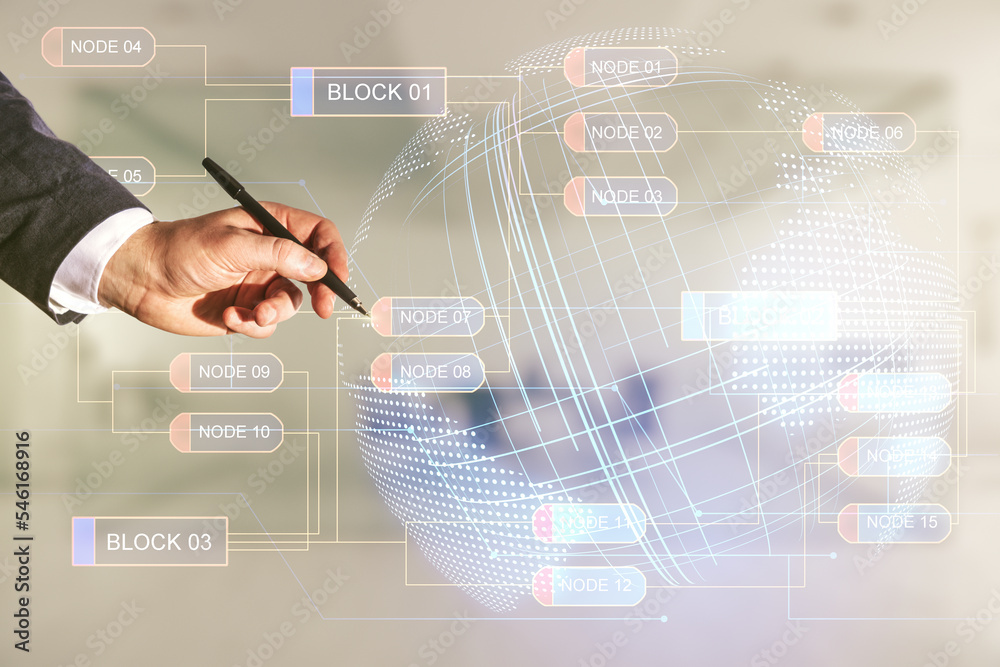 Multi exposure of developer's hand with pen working with abstract programming language hologram ...