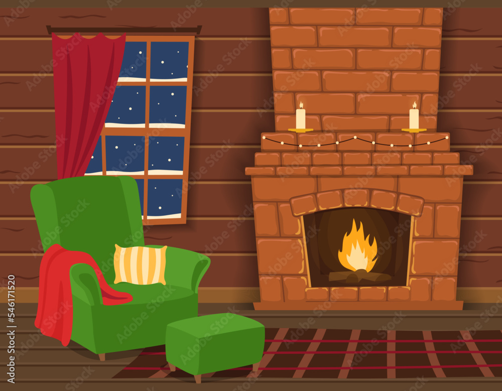Chair by the fireplace. The interior of the living room with wooden ...