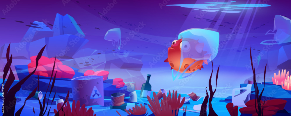 Ocean pollution concept with plastic trash and sad puffer fish in bag ...