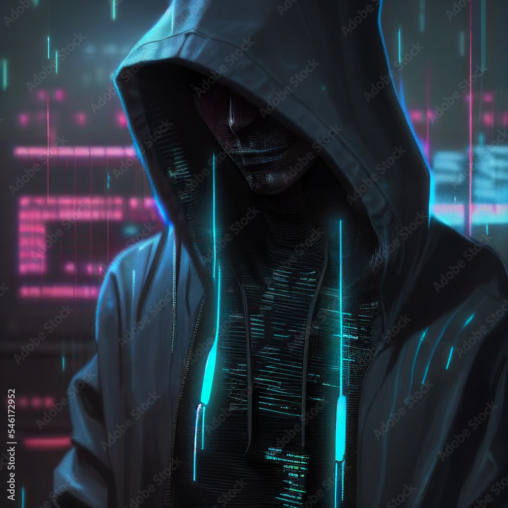 A hacker wearing a black hoodie with neon led matrix code computer ...