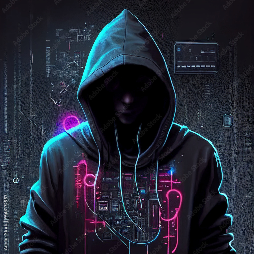 A hacker wearing a black hoodie with neon led matrix code computer ...