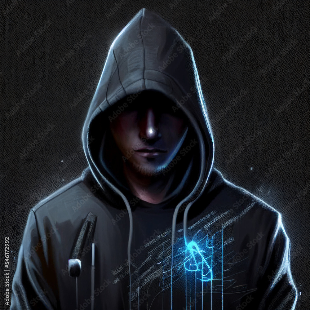 A hacker wearing a black hoodie with neon led matrix code computer ...