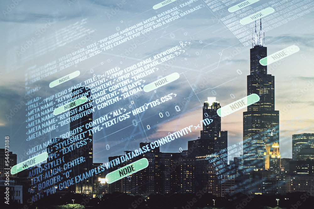 Multi exposure of abstract programming language hologram on Chicago ...