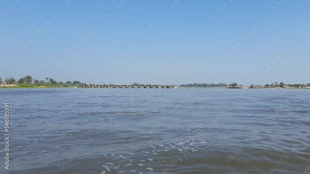 Yamuna River view from the boat in the day at Vrindavan, Krishna temple ...