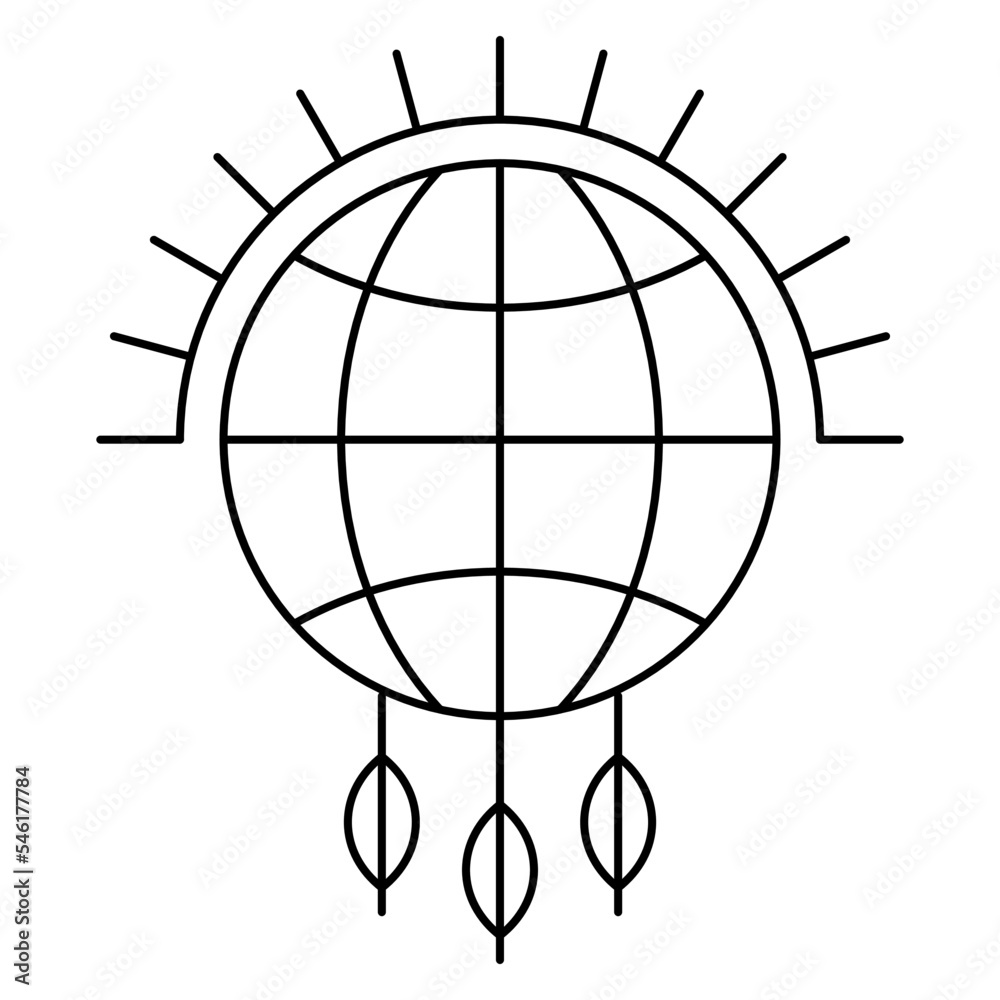 Black outline simple icon of the globe with feathers and sunbeams or ...