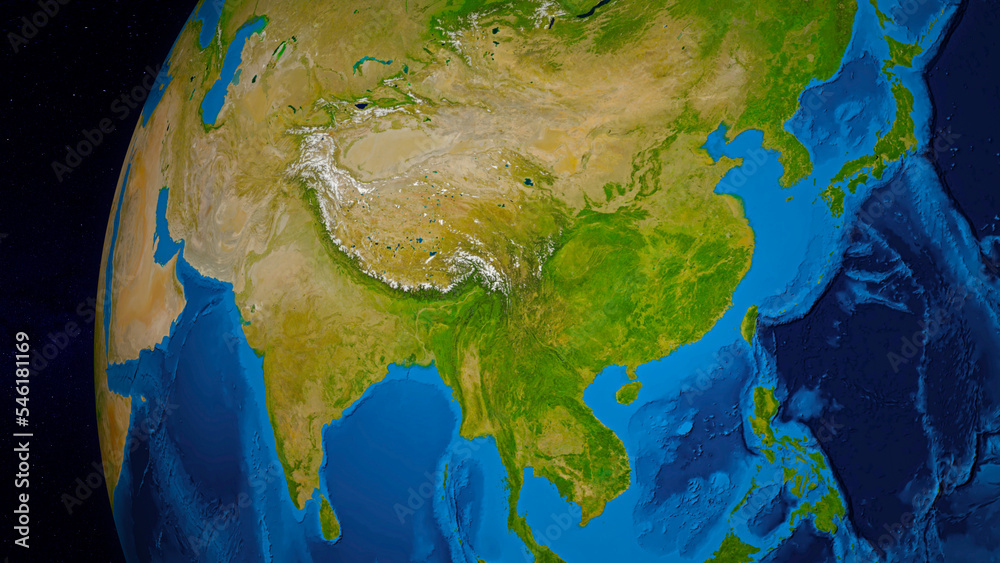 Earth globe zoomed and focused on Asia continent. Day side of Earth ...