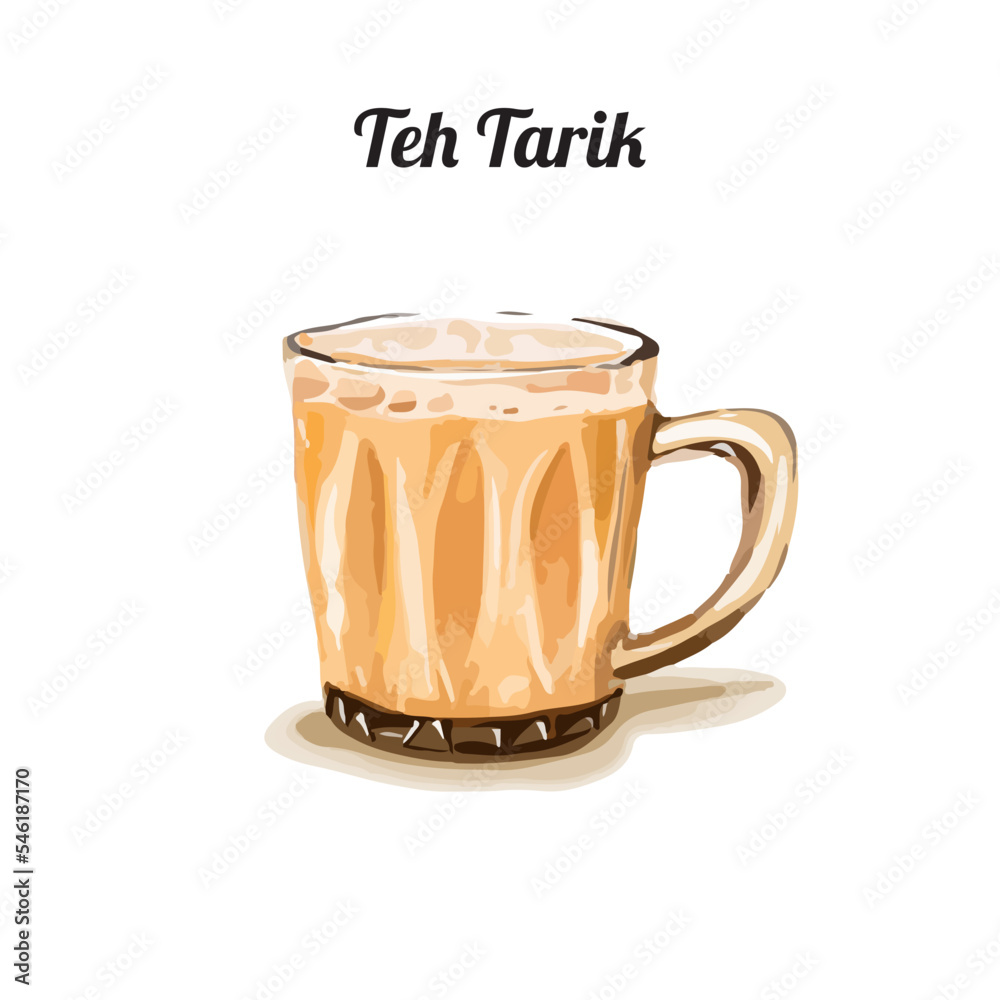 Tea with milk or popularly known as Teh Tarik in Malaysia. Watercolor ...
