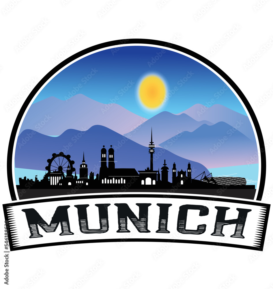 Munich Germany Skyline Sunset Travel Souvenir Sticker Logo Badge Stamp ...