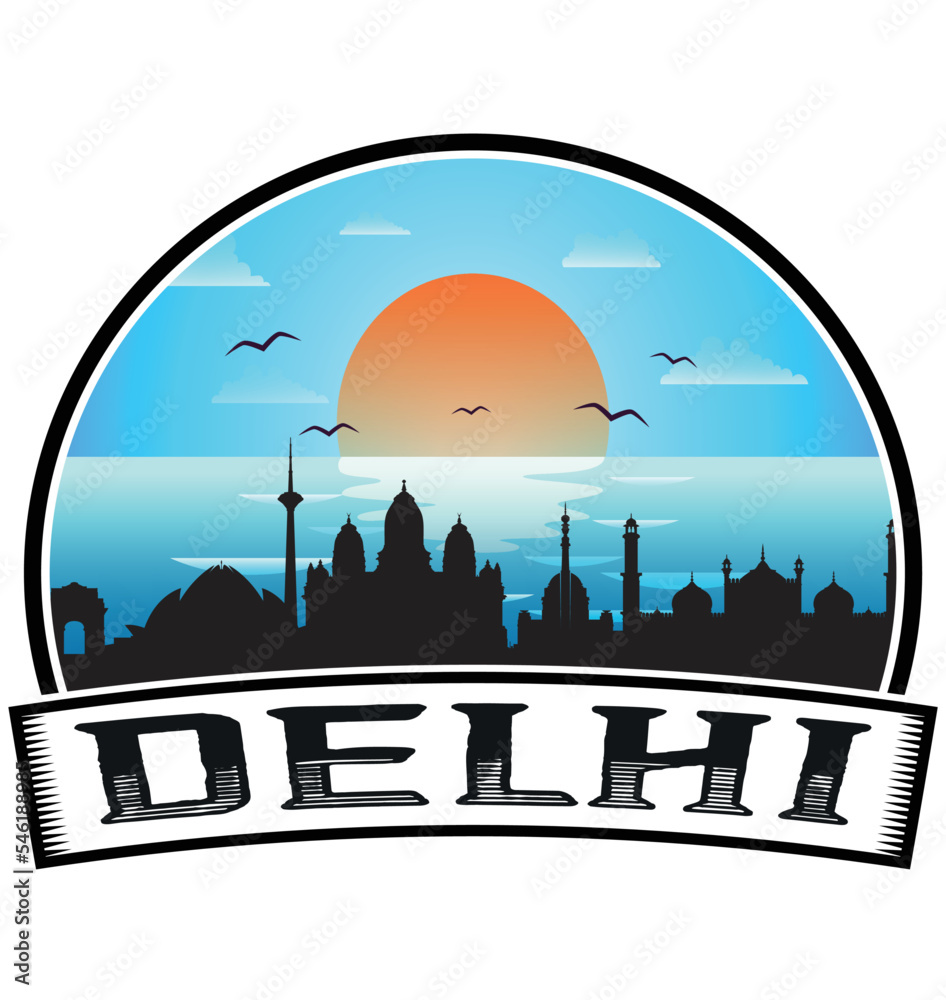 Delhi India Skyline Sunset Travel Souvenir Sticker Logo Badge Stamp ...