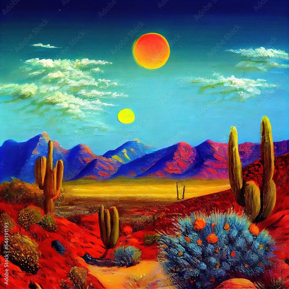 Scorching hot sun and dry surreal oil painting of Arizona desert valley of death. Cactus ...
