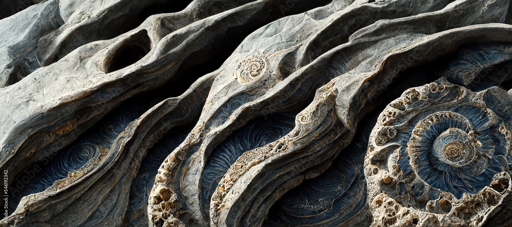 Ammonite sea shell spirals and sandstone rock. Curved layers and ...