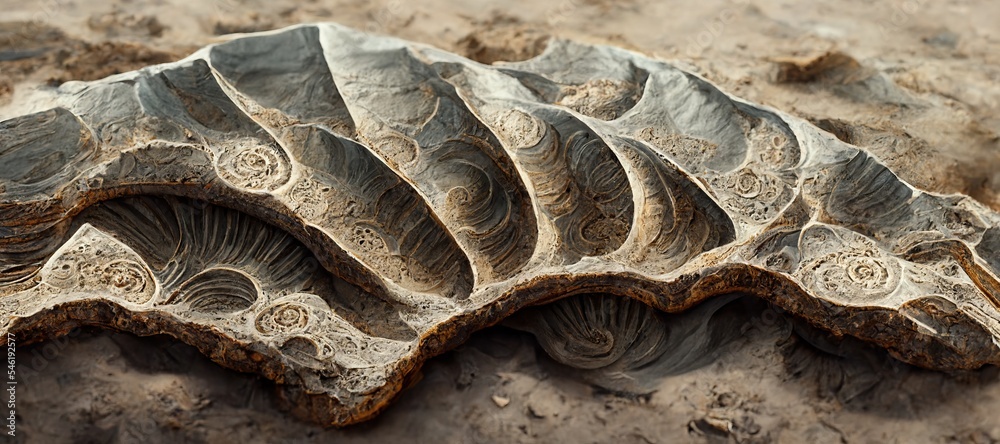 Ammonite sea shell spirals and sandstone rock. Curved layers and ...