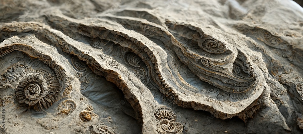 Ammonite sea shell spirals and sandstone rock. Curved layers and ...