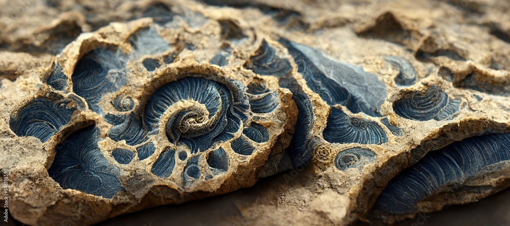 Ammonite sea shell spirals and sandstone rock. Curved layers and ...