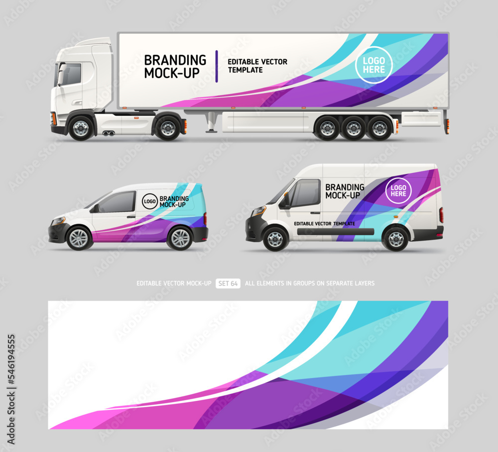 Company Van Truck Trailer Mockup With Blue Stripes Design For Branding