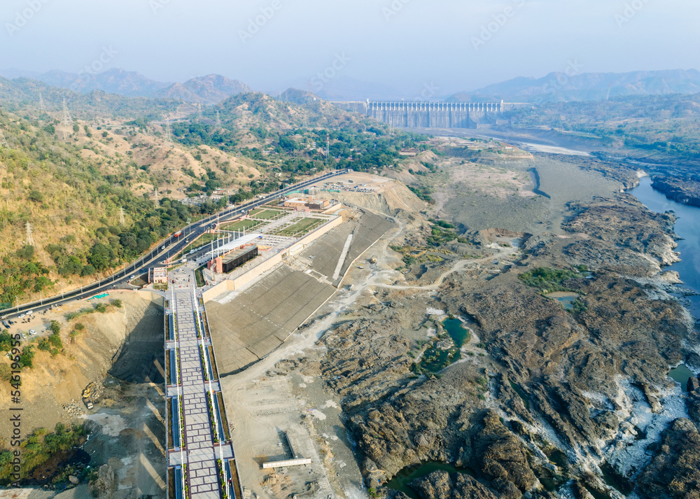 Panoramic view of Narmada river, surrounding hills and Sardar Sarovar ...