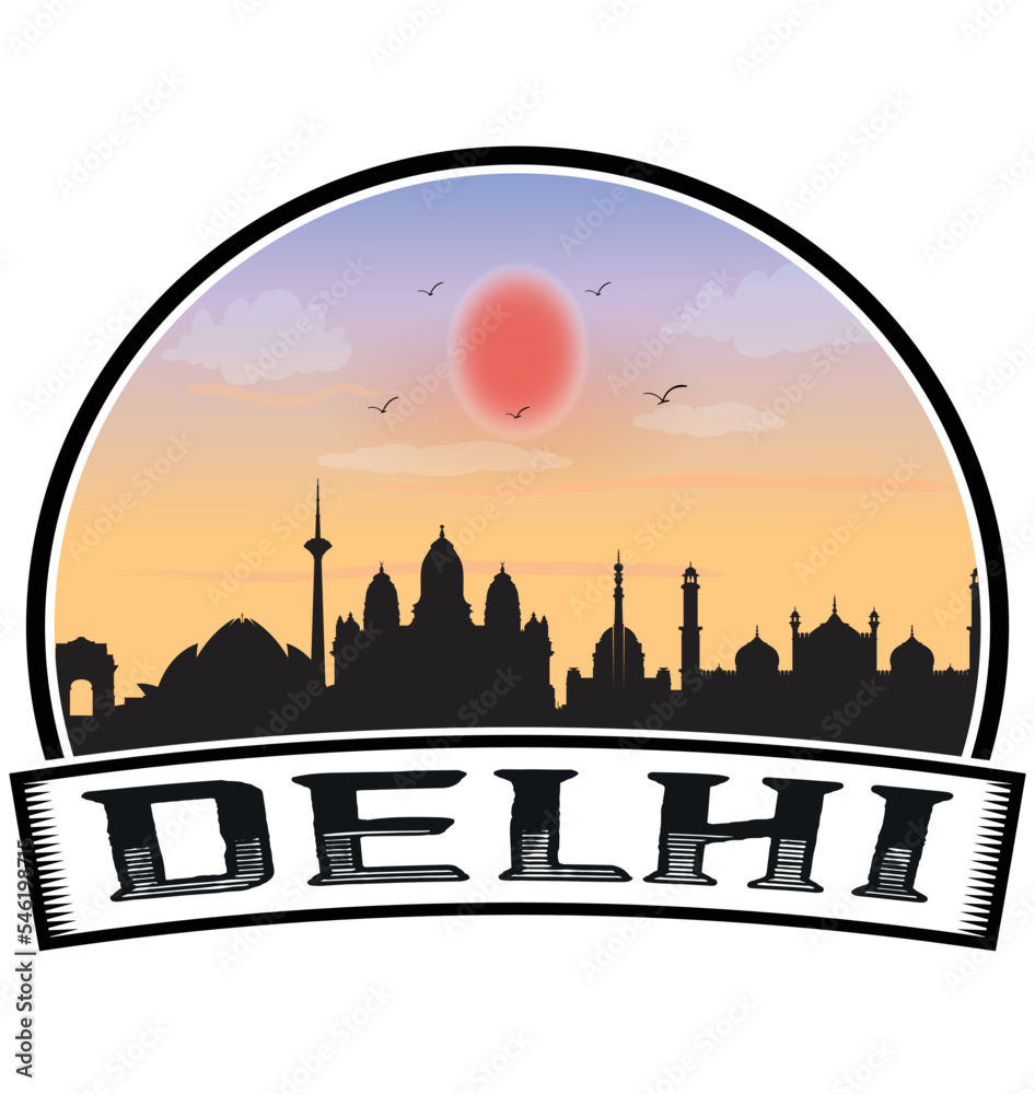 Delhi India Skyline Sunset Travel Souvenir Sticker Logo Badge Stamp ...
